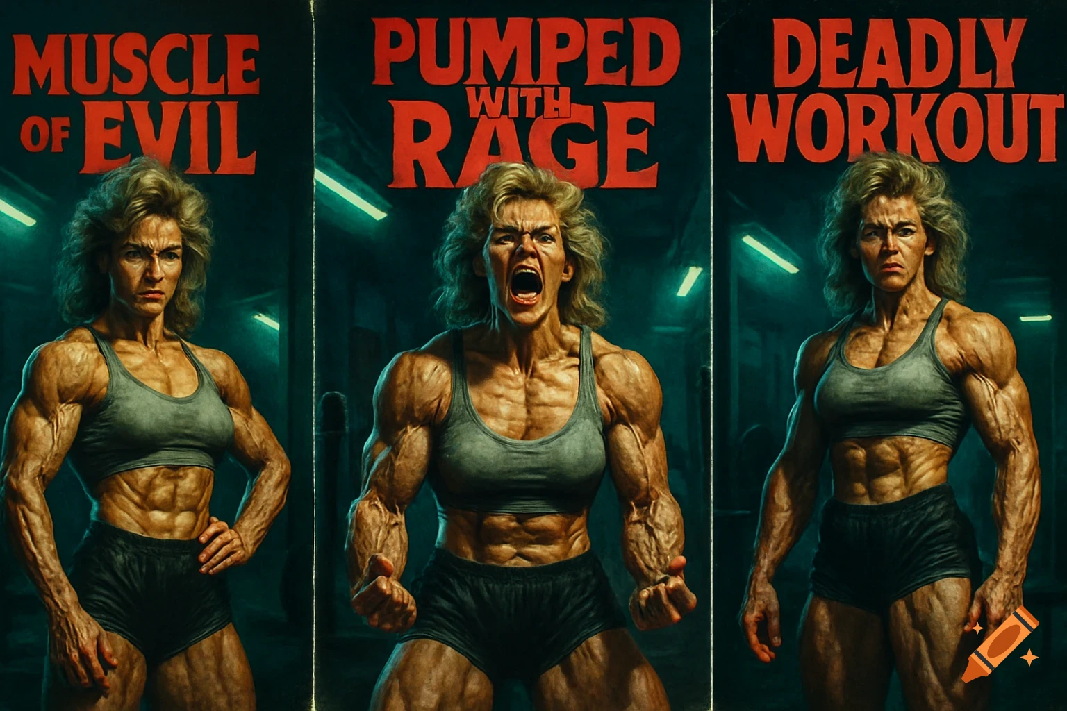 Three retro 80s horror movie posters featuring a muscular female ...