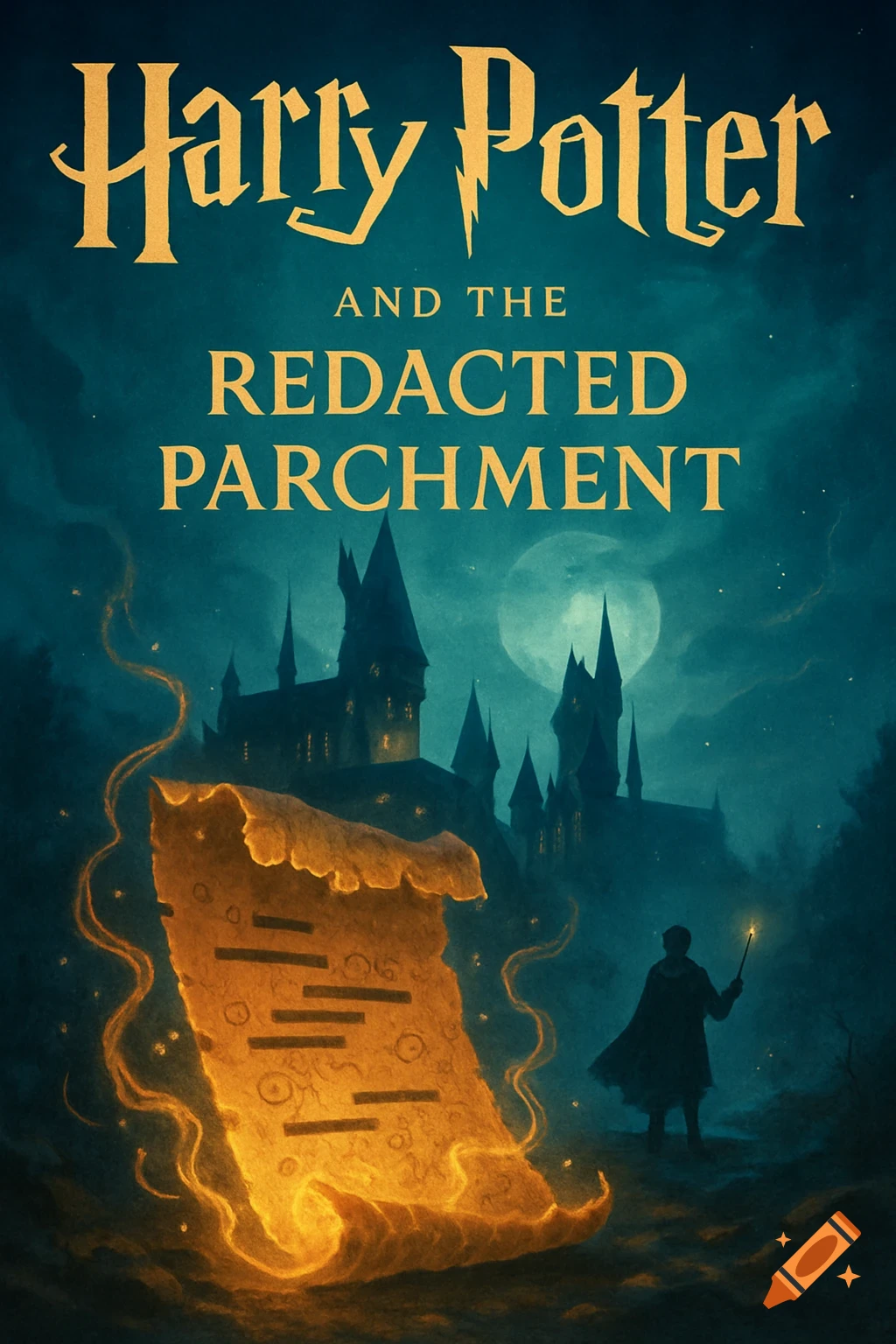 Illustration of a Harry Potter book cover featuring a glowing parchment ...