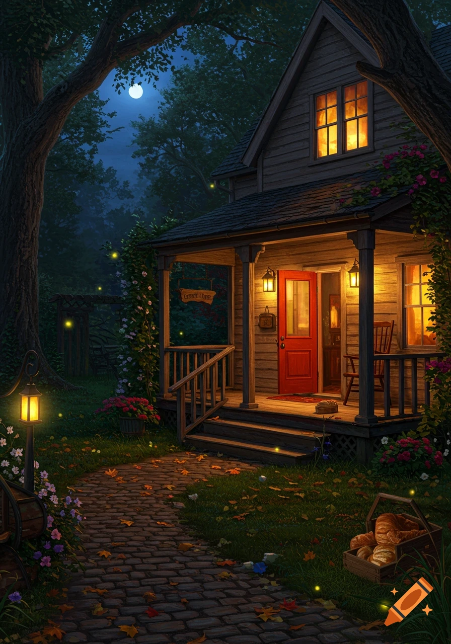 A picturesque country porch scene at sunset. A tabby cat sleeps on a ...