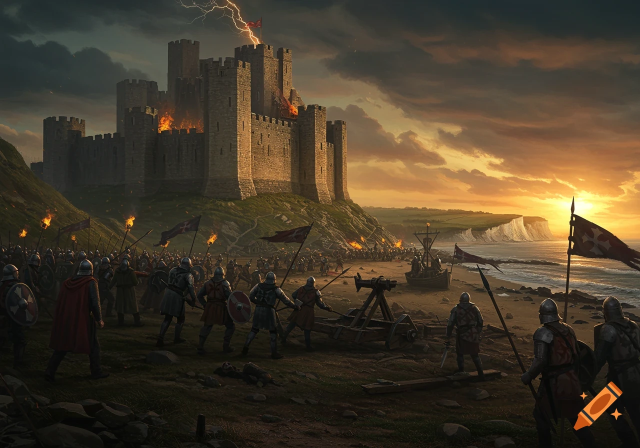 A vibrant, detailed strategic view of a medieval battle with two armies ...