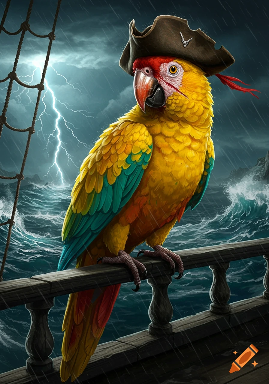 Studio Ghibli-style illustration of a cute green and yellow parrot ...