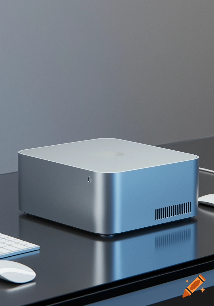 A sleek silver desktop computer resembling a Mac Mini sits on a dark ...