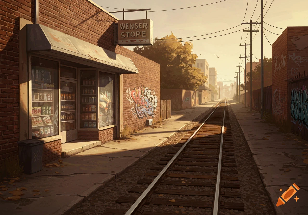An illustration of railroad tracks next to a brick corner store with a ...