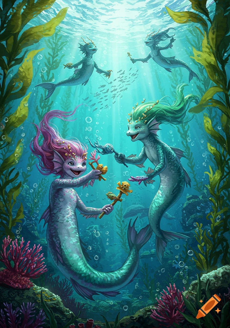 A vibrant underwater illustration depicts four joyful merkids, fish ...