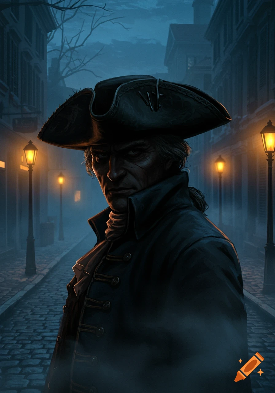 A man with a shadowed face, wearing a tricorn hat and colonial coat ...