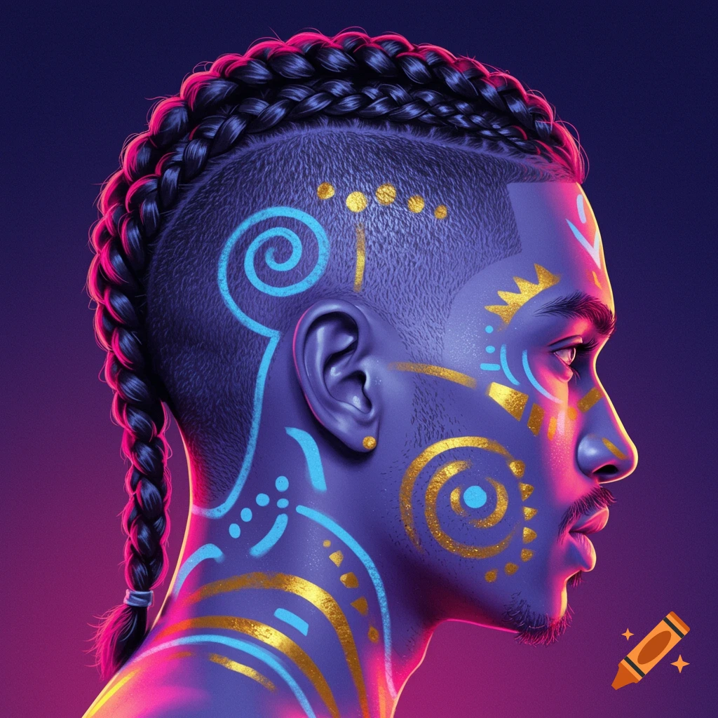 Close-up of a man with purple skin covered in neon blue and gold ...