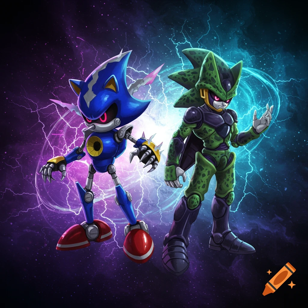 Metal Sonic and Perfect Cell fusion standing against a background of ...