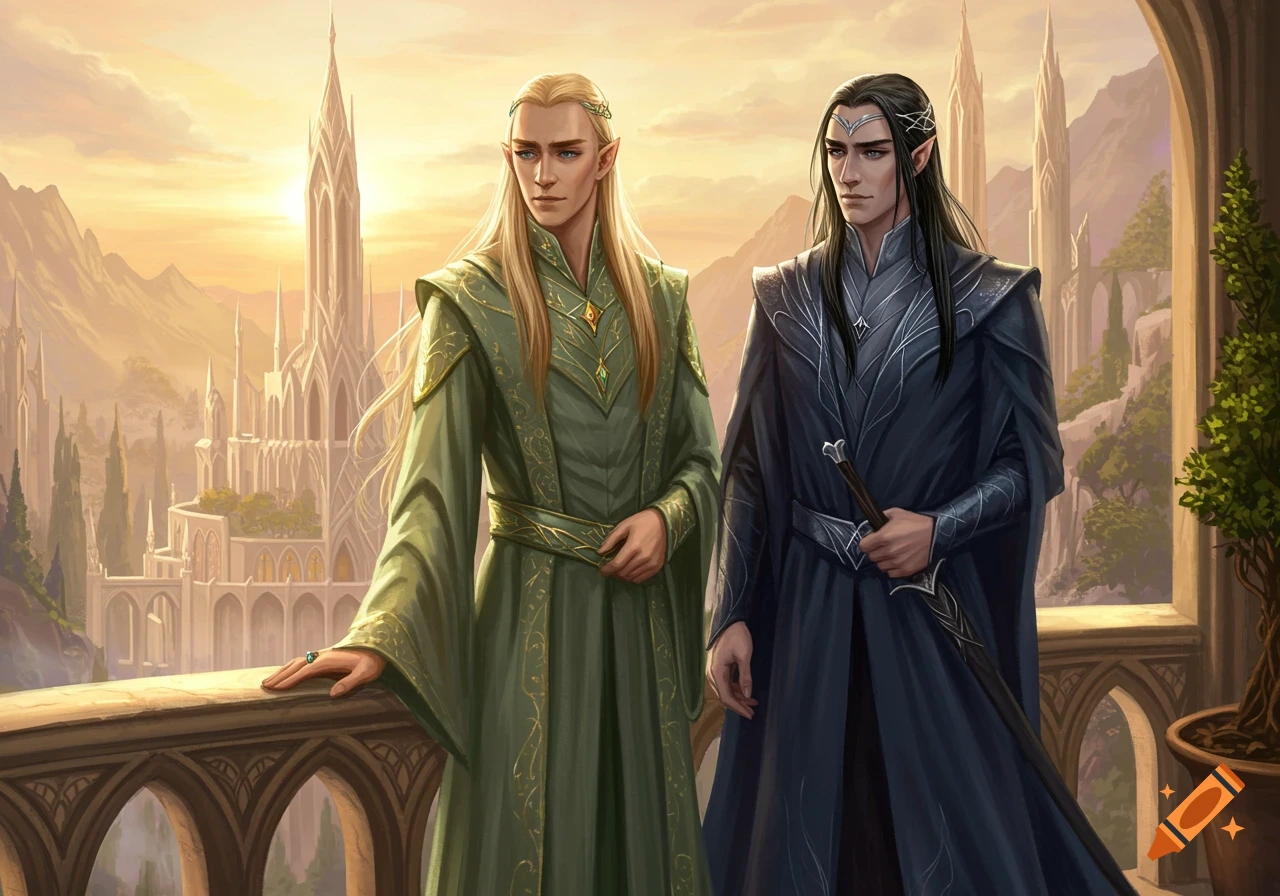 Two male elf lords on a balcony overlooking an elvish city at sunrise ...