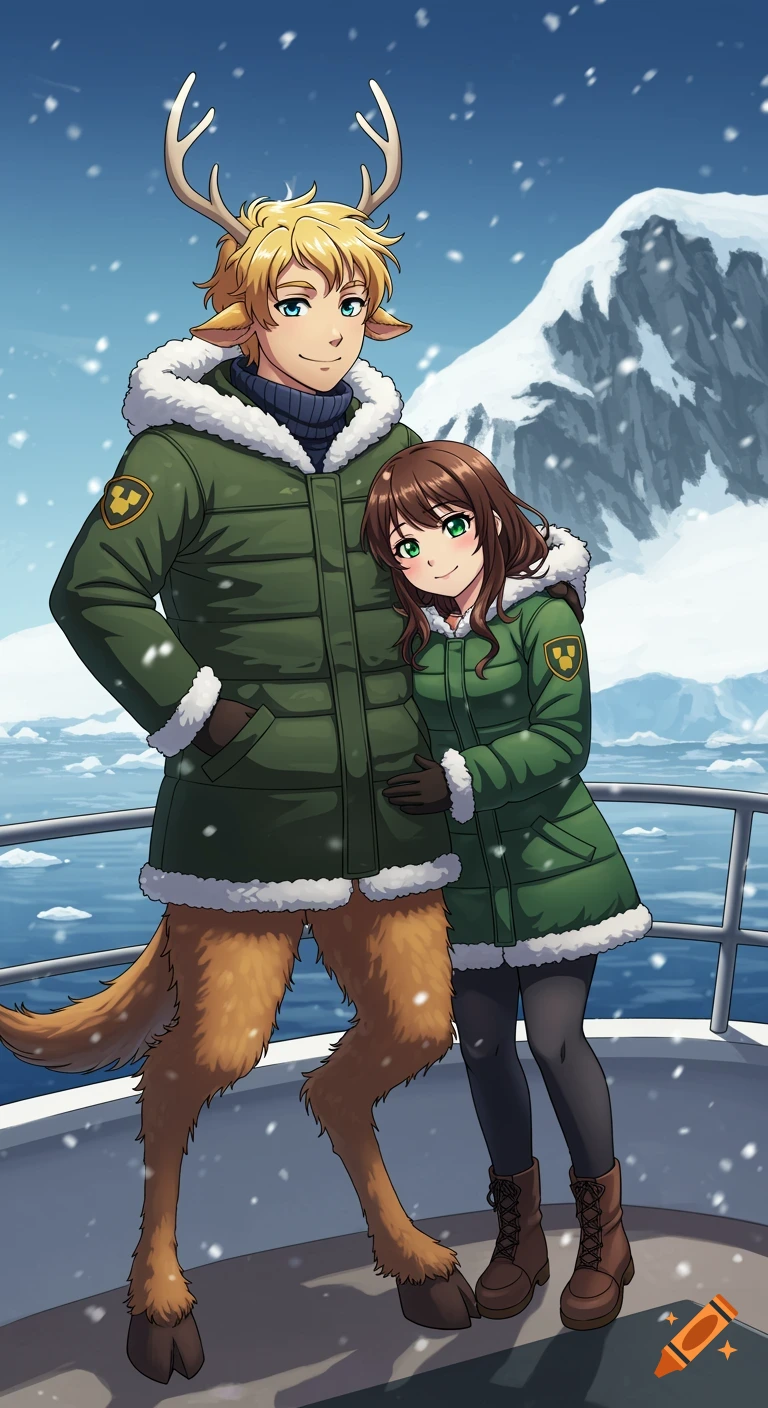 Anime-style satyr with antlers and his brunette girlfriend standing at ...