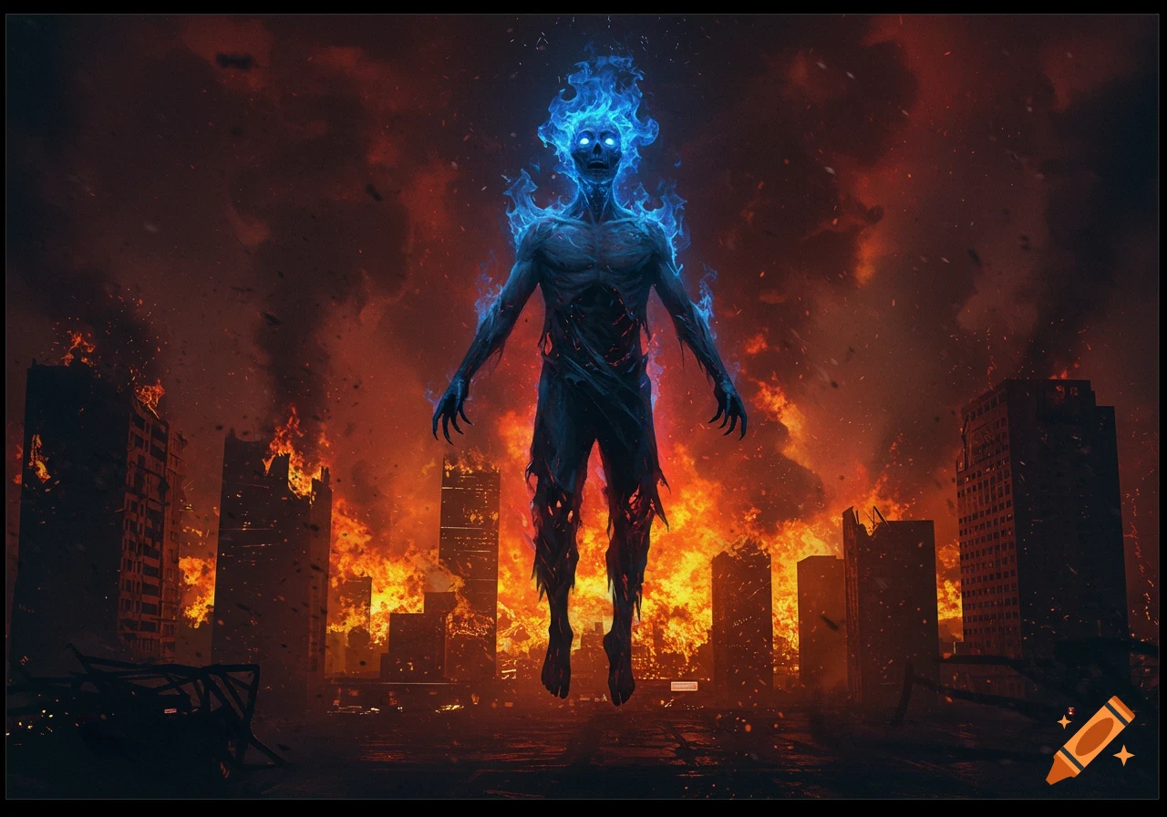 Dynamic stylized silhouette of a hero leaping from a red-orange ...