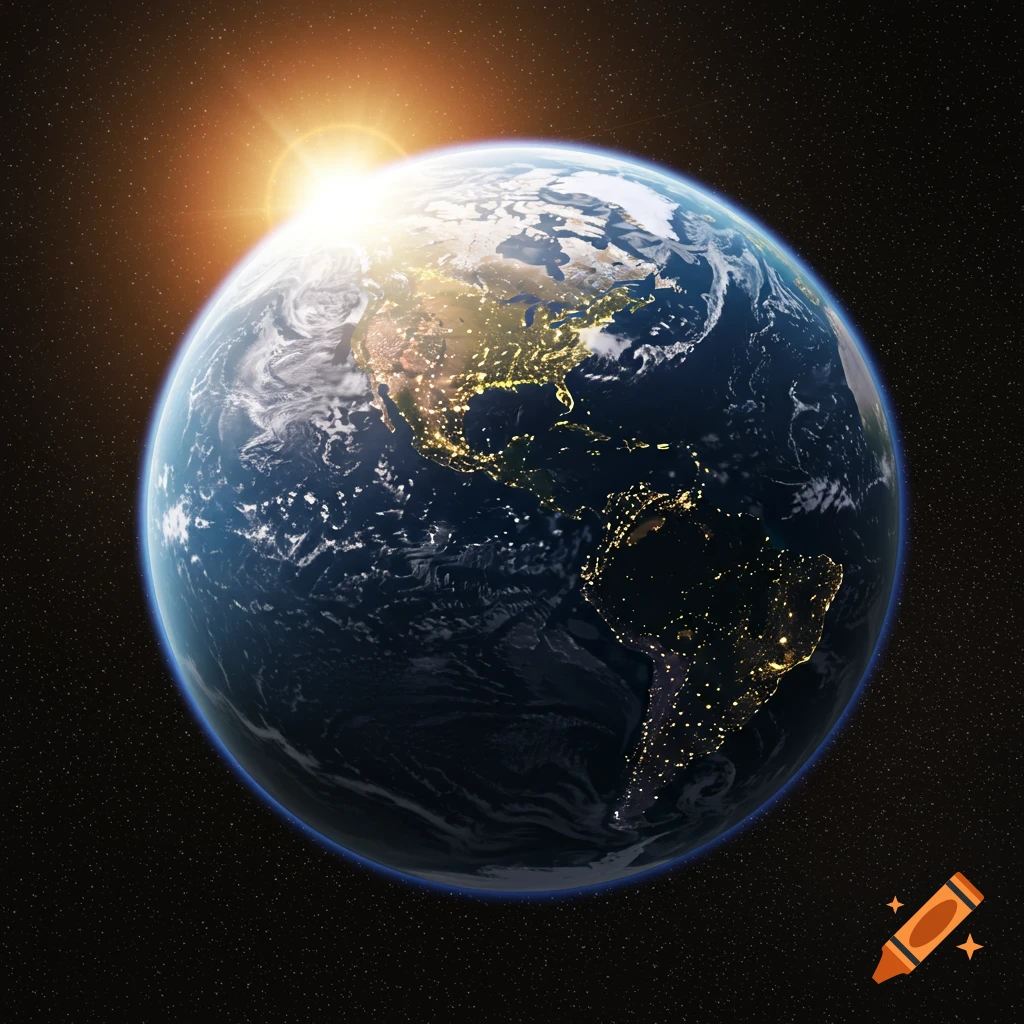 A photorealistic view of Earth from space, showing city lights on the ...