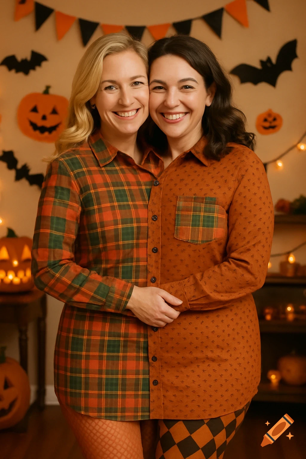 Two smiling women in conjoined shirts creating an illusion of one body, surrounded by Halloween ...