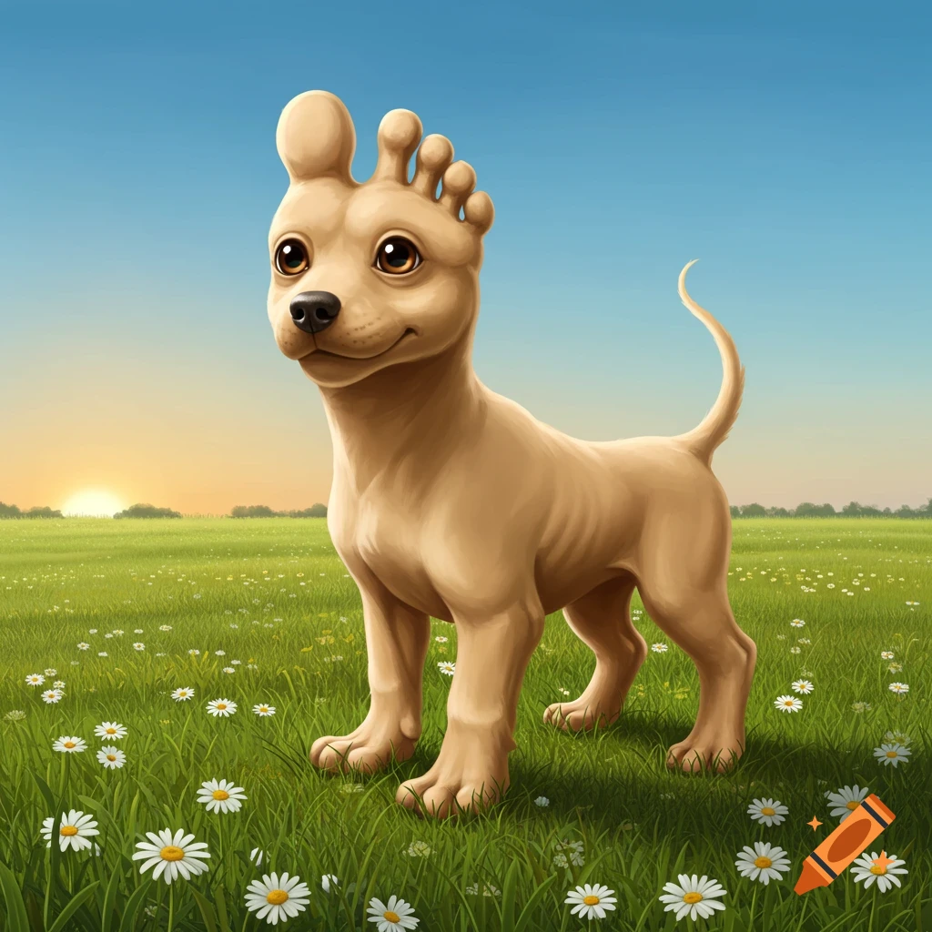 A whimsical dog-like creature with a human foot as its head stands in a ...