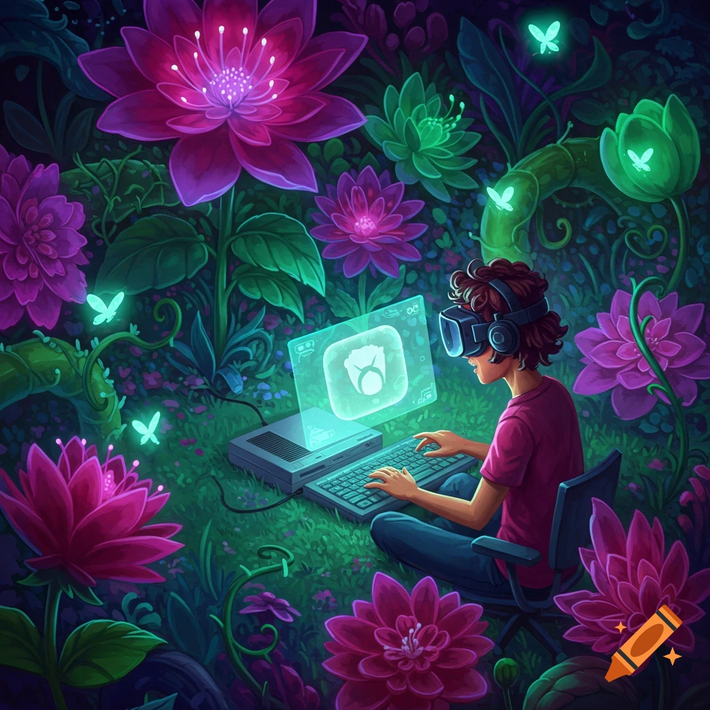 A person in a VR headset plays on a computer in a lush, glowing fantasy ...