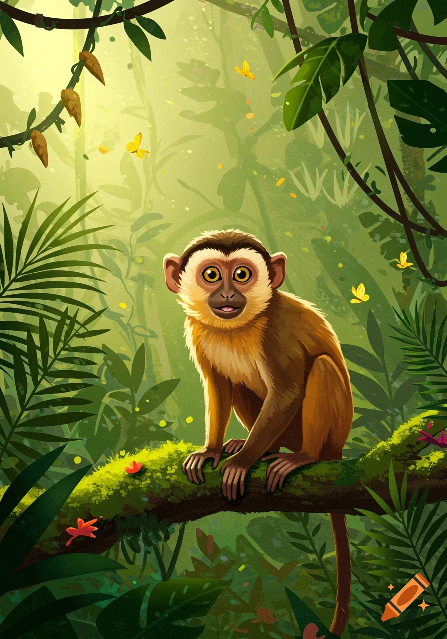 A cartoonish monkey with big eyes sits on a mossy branch in a vibrant ...
