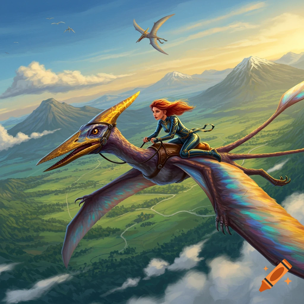 A woman rides a Pteranodon over green mountains at sunset, with other ...