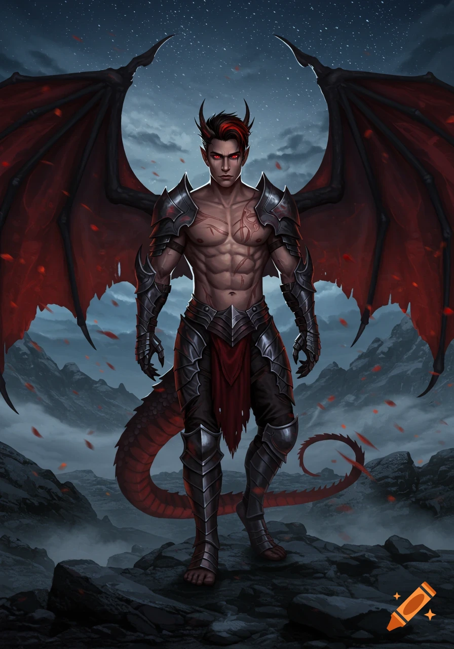 A muscular demon-like man with red eyes, horns, black hair with red ...