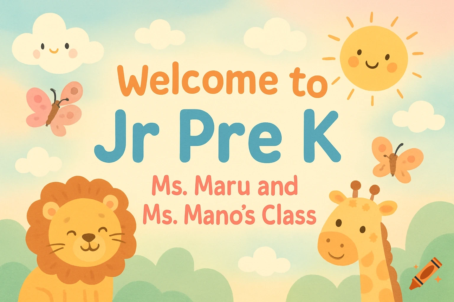 A colorful, kid-friendly welcome sign for Jr Pre K, featuring a lion ...