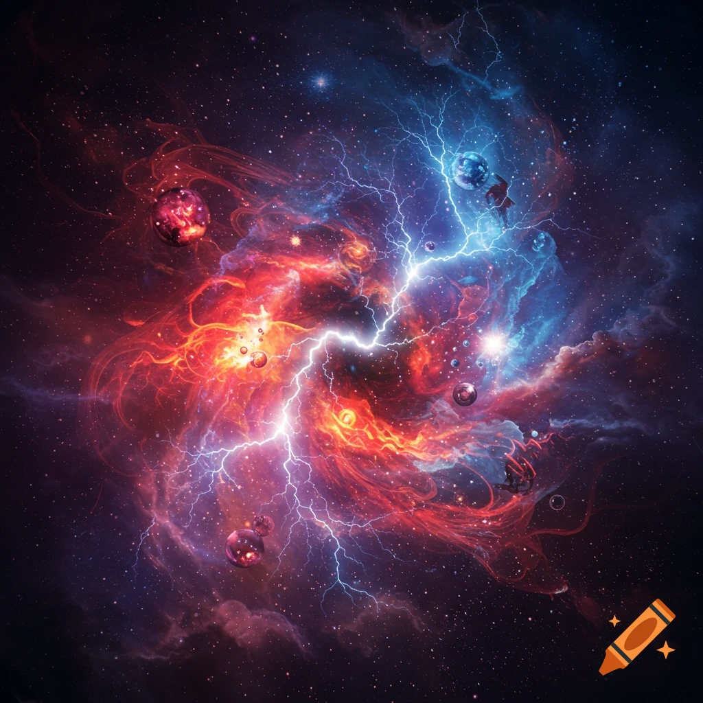 A vibrant cosmic explosion or nebula with glowing orange, red, blue ...