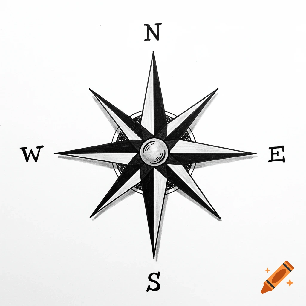 A black and white drawing of a compass rose with N, S, E, W labels. on ...