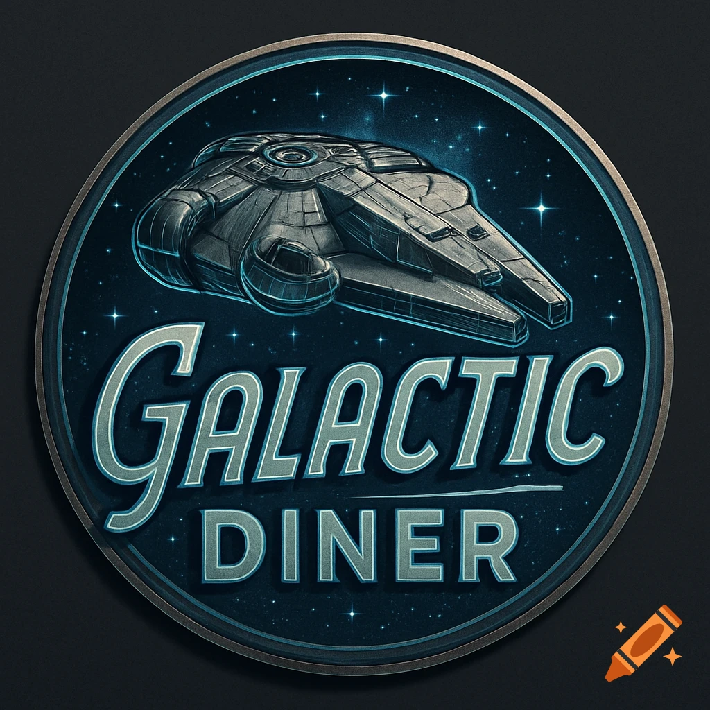 A circular logo with a detailed spaceship above 'GALACTIC DINER' text ...