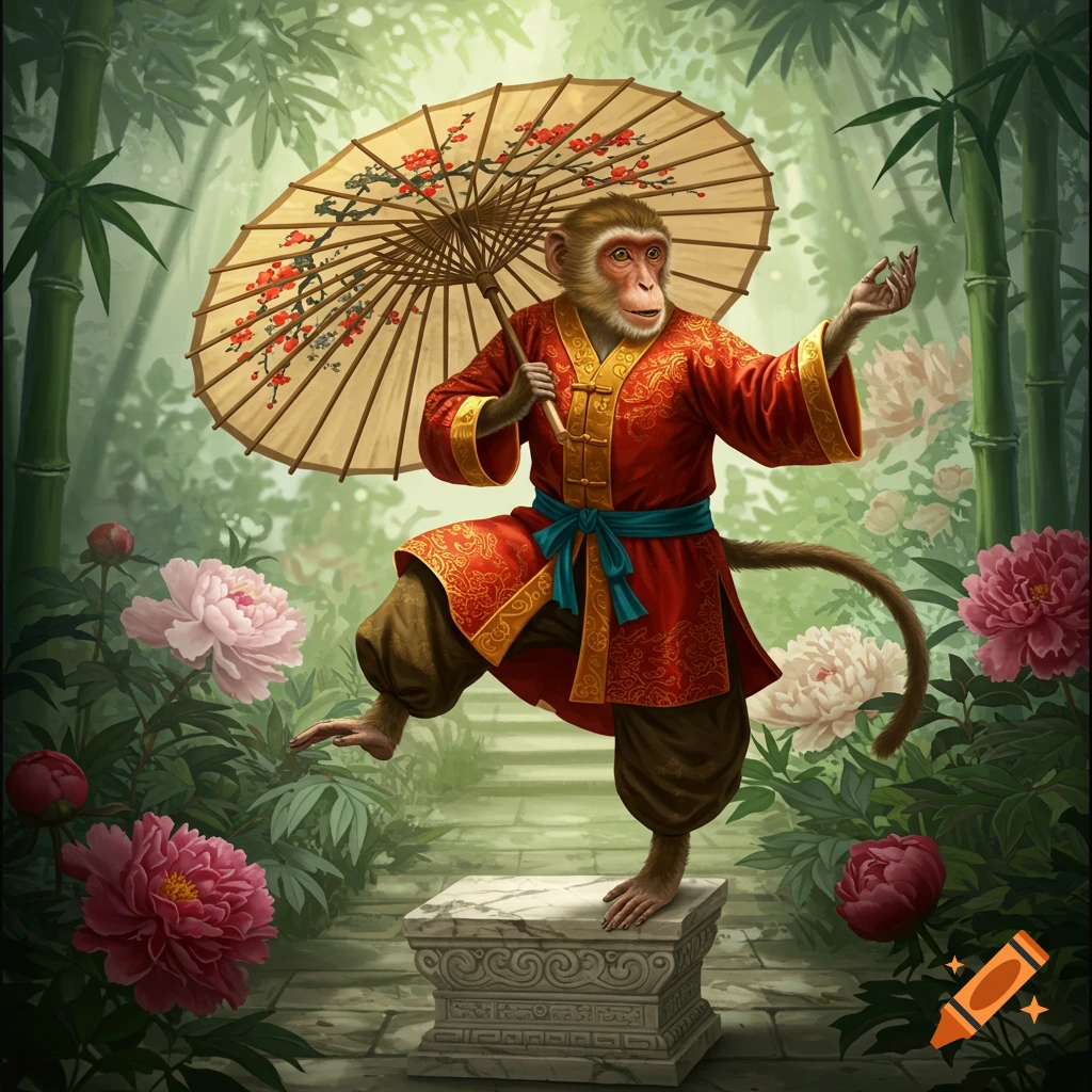 An illustration of a monkey in a red Chinese robe standing on one leg ...