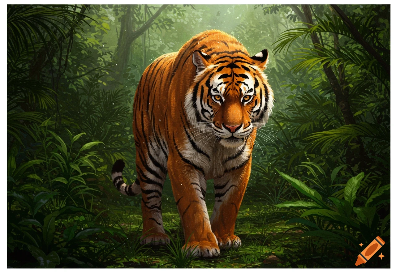 A striped tiger walks through a lush, green jungle with tropical birds ...