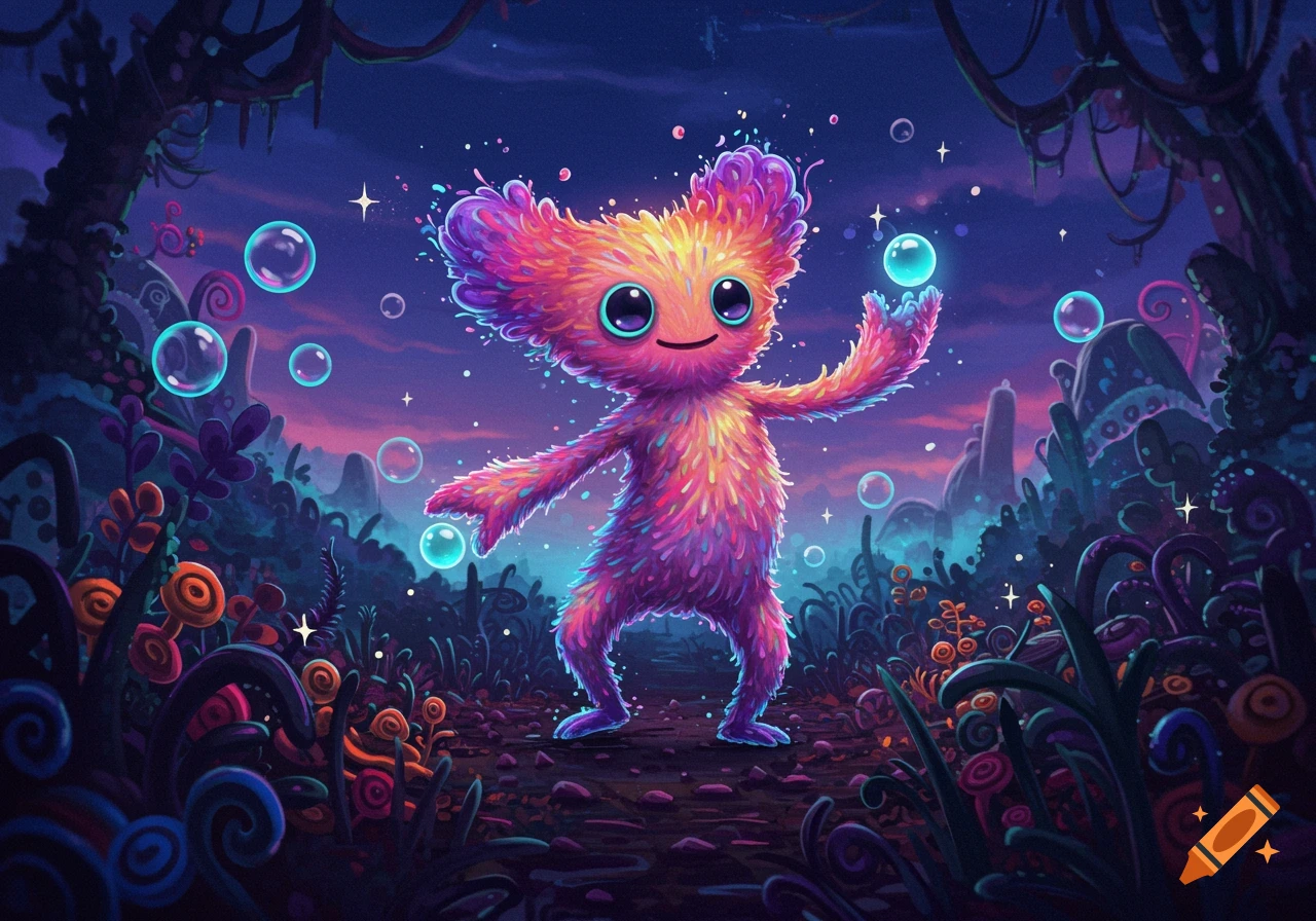 A cute, colorful, fuzzy creature with big eyes stands in a vibrant ...
