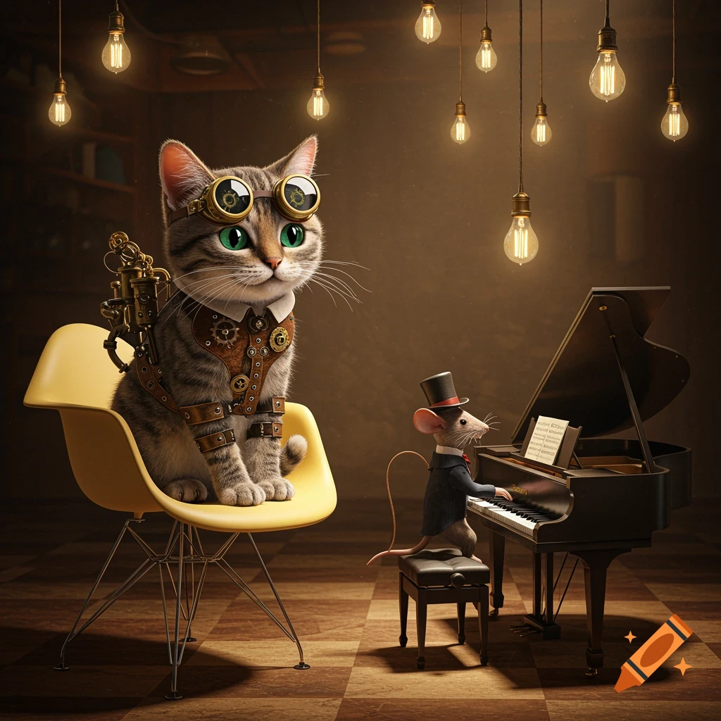 A cartoon cat in a red tuxedo plays an electric guitar on a spotlighted ...