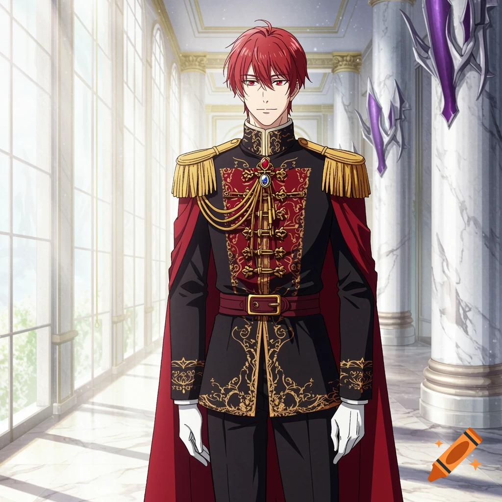 A full-body anime-style medieval nobleman with red hair and red eyes ...