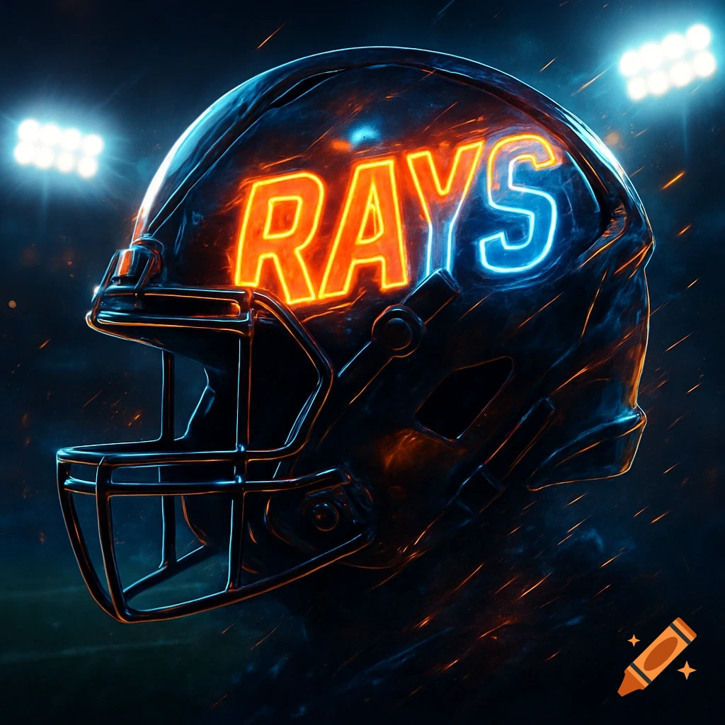A dark football helmet with the word RAYS glowing in neon orange and ...