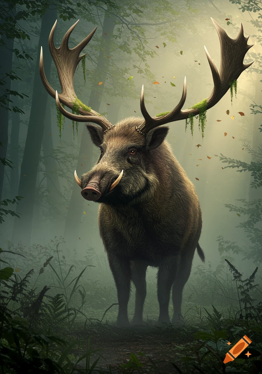 A mysterious creature, a boar with large moose antlers and tusks ...