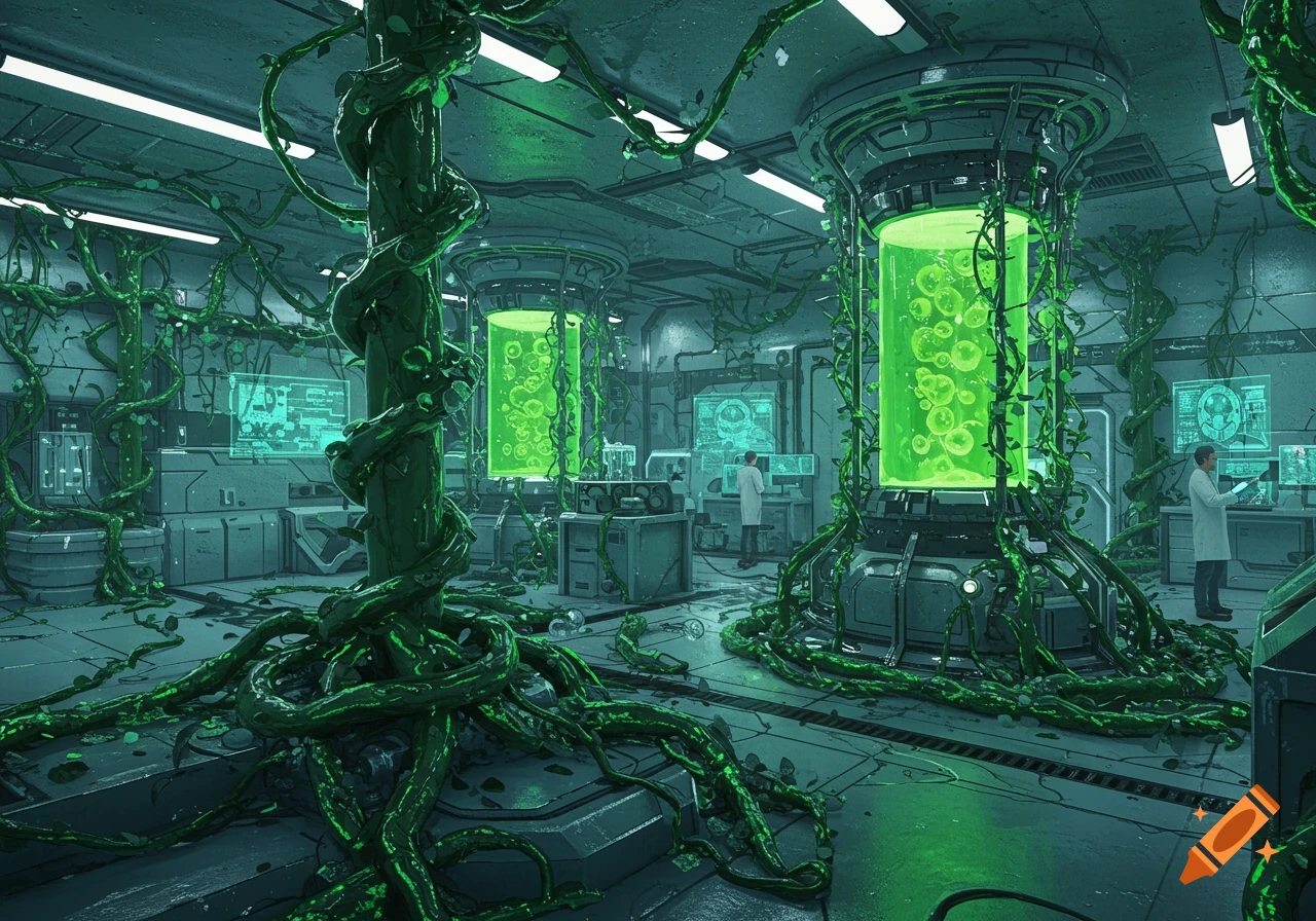 A futuristic science lab with glowing green vats, large intertwined ...