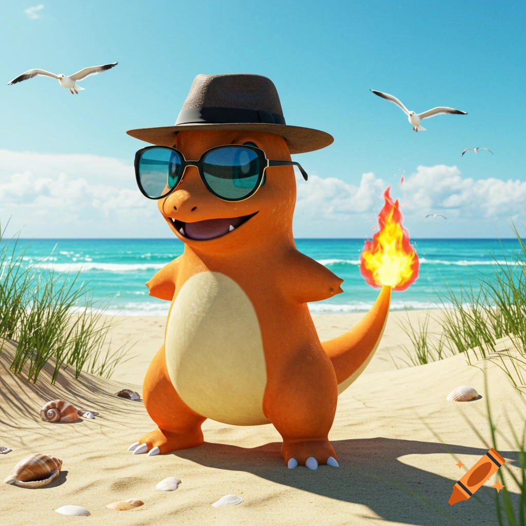 A happy Charmander wearing sunglasses and a fedora stands on a sandy ...