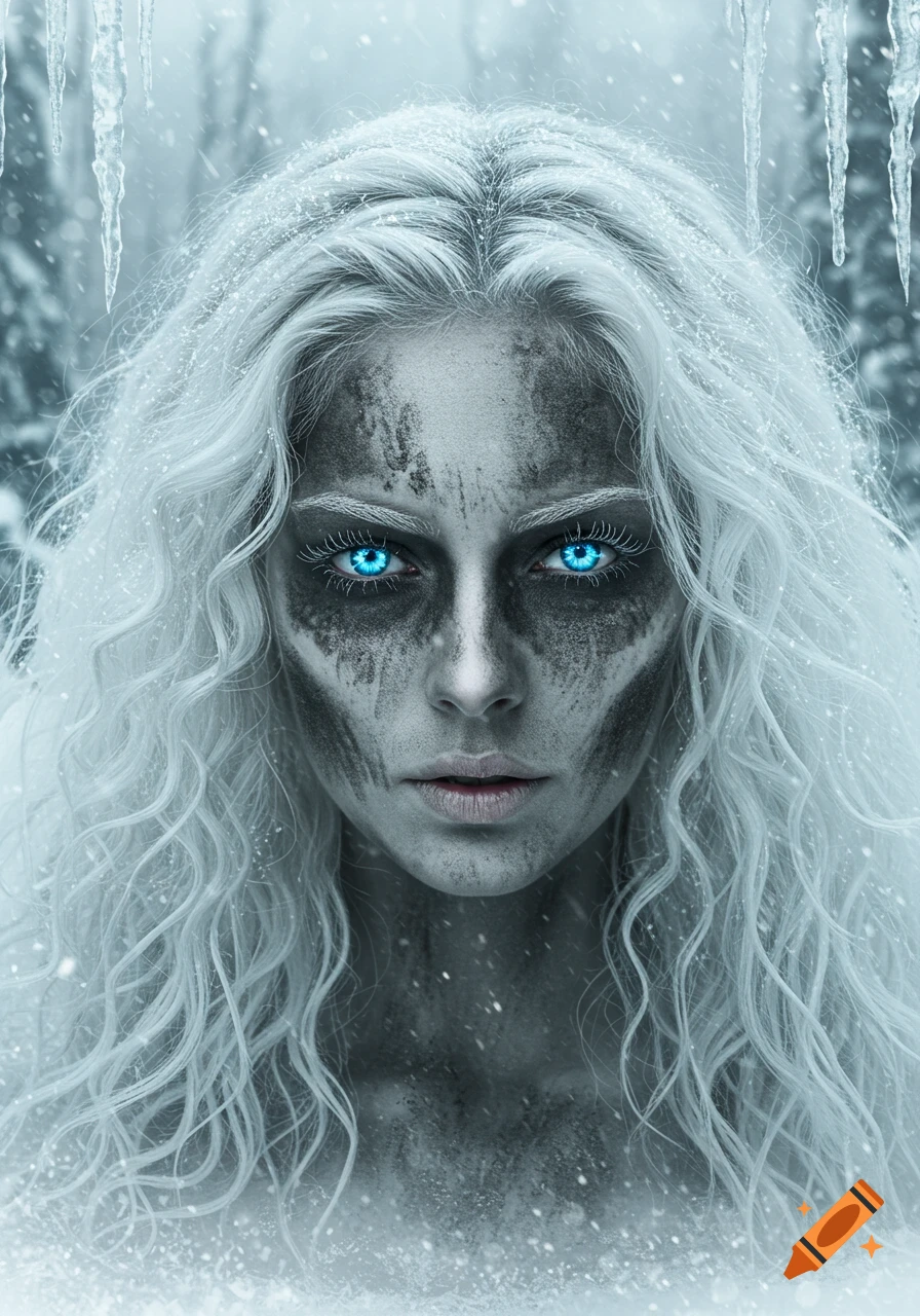 Close-up portrait of an ice queen with white hair, glowing blue eyes ...
