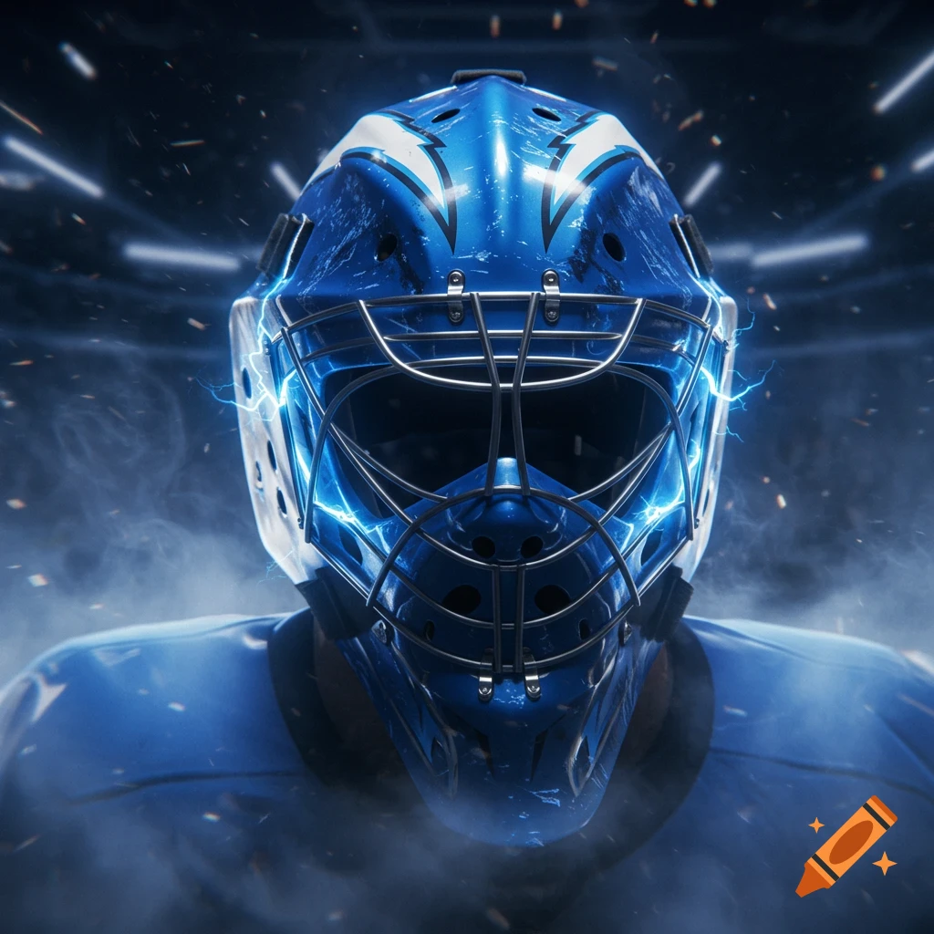 Close-up of a blue hockey goalie mask with white lightning bolt designs ...