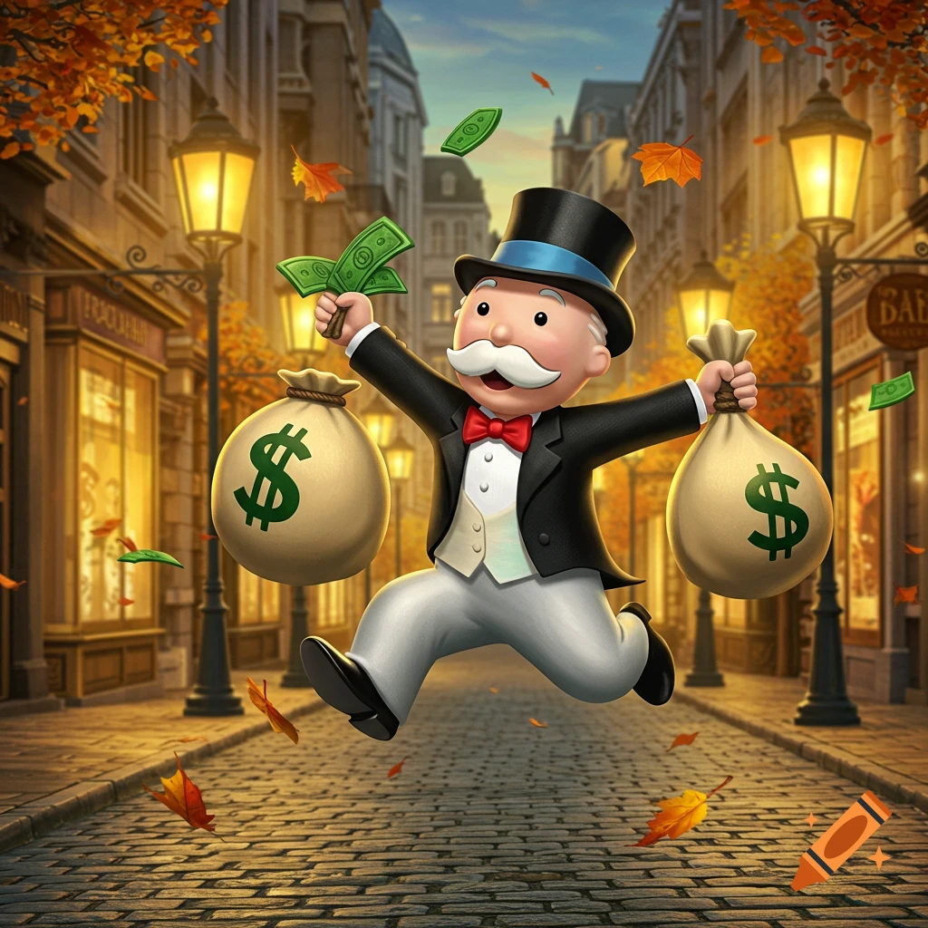 The Monopoly man skips joyfully down an autumn-leaf-strewn cobbled ...
