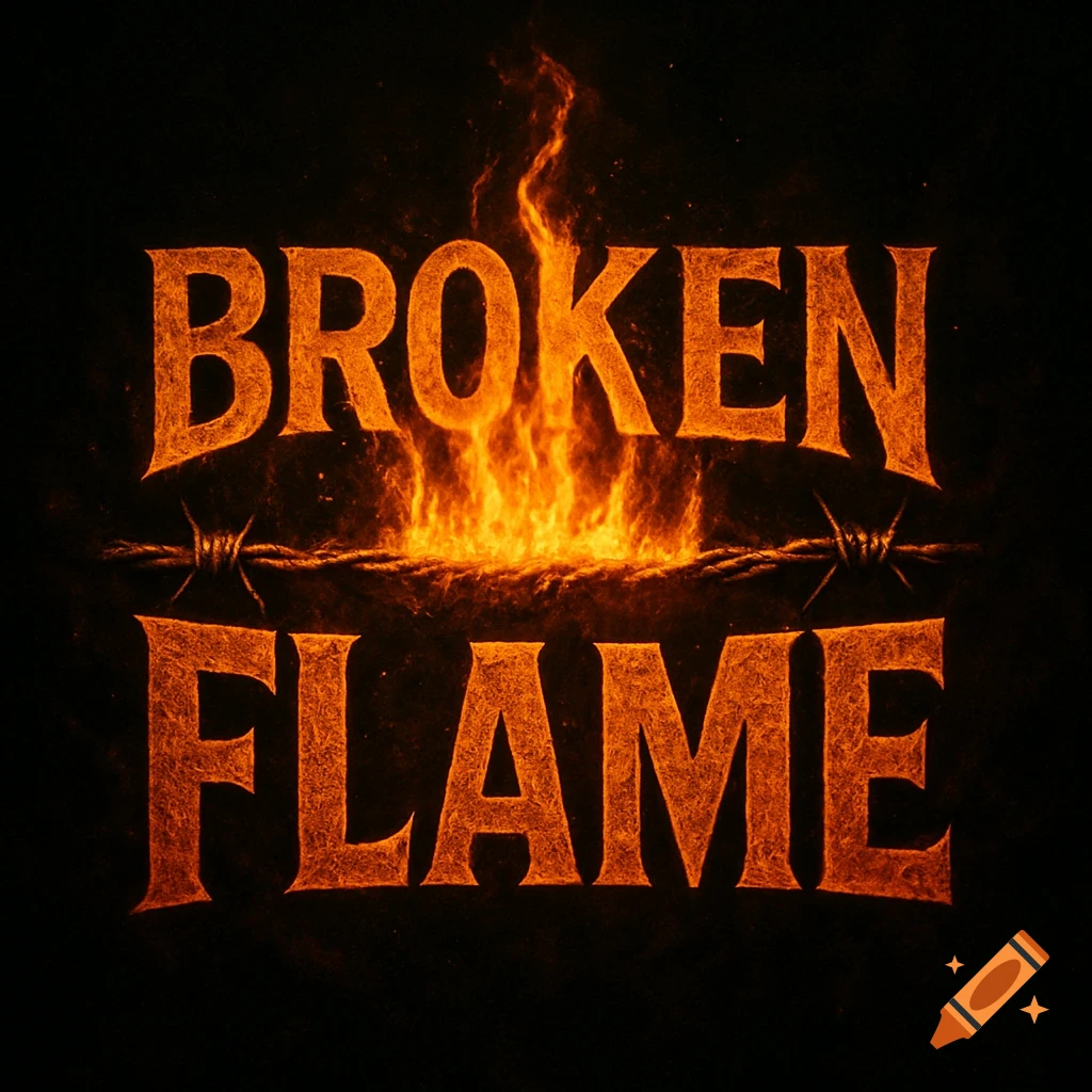 A band logo featuring the words 'BROKEN FLAME' in a fiery, textured font, with barbed wire ...