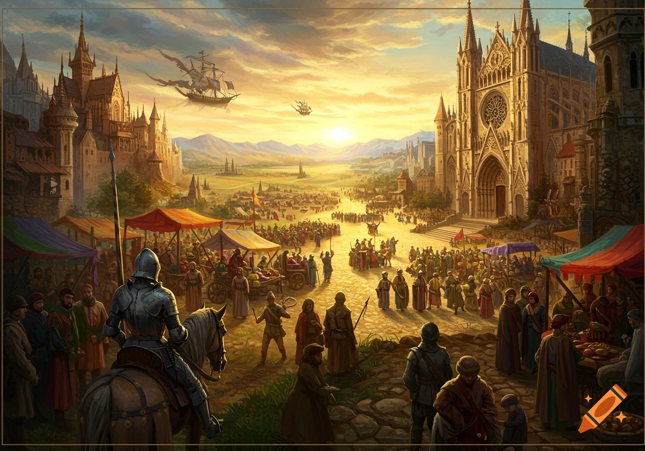 A hyperrealistic digital painting of a bustling fantasy city with a ...