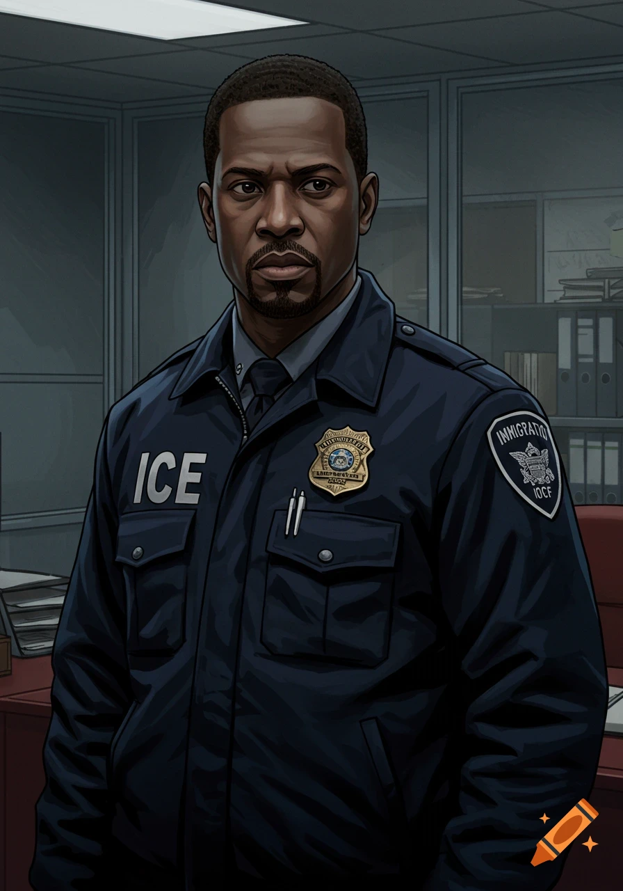 A stern-looking man in a dark blue ICE agent uniform with a badge and ...