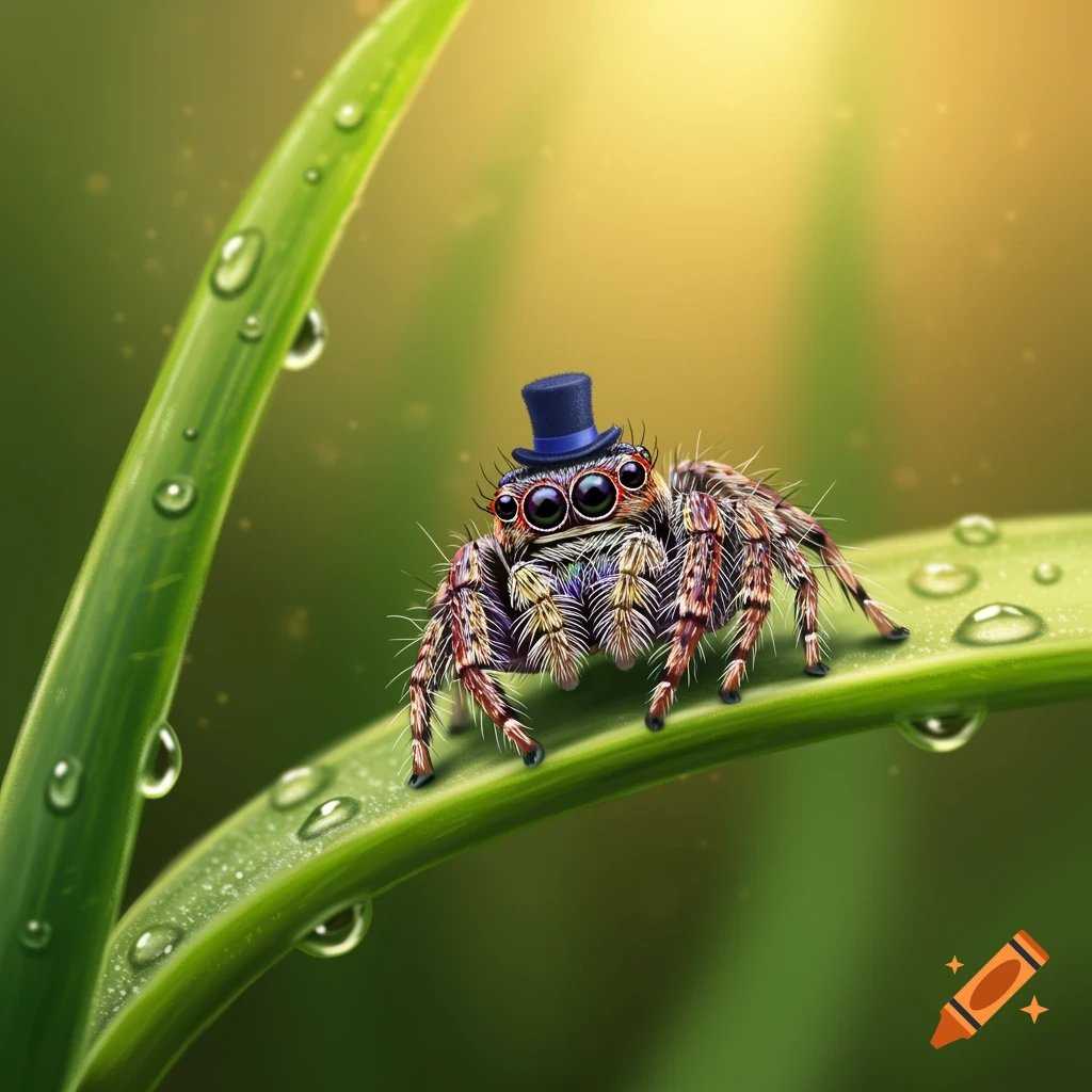 A cute jumping spider wearing a tiny top hat sits on a blade of dewy ...