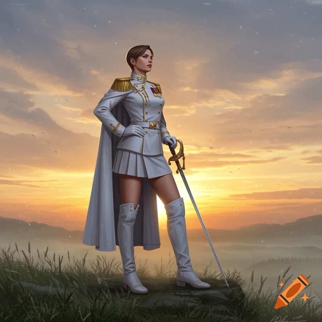 A female military officer in a white uniform, short skirt, and tall ...