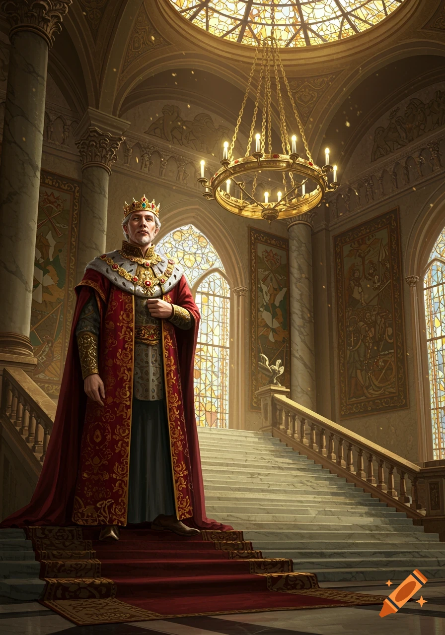 An old king in royal robes rests in a grand bed, a crowned dog on a rug ...