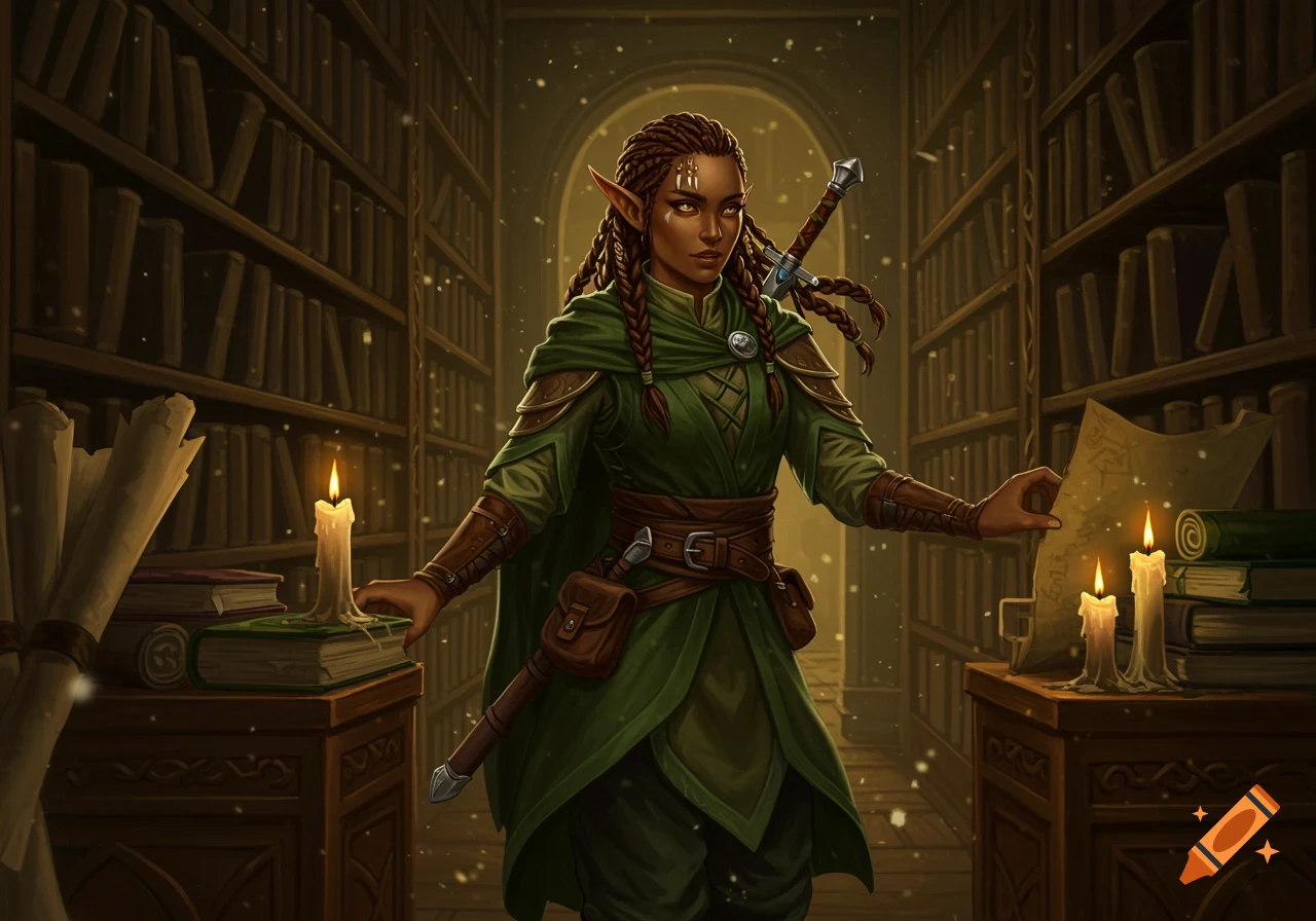 A brown-skinned elf with braided hair and green adventuring gear stands ...