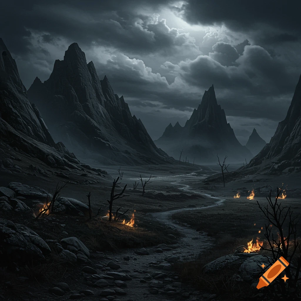 A dark, foreboding mountain valley under a cloudy sky, with a winding ...