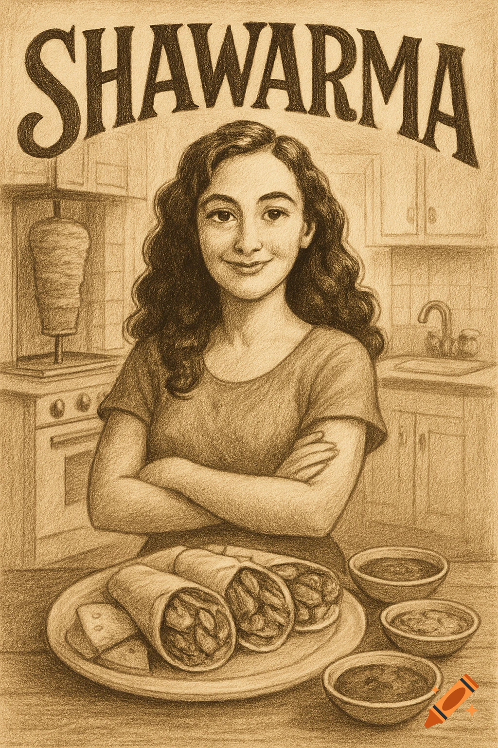 Pencil drawing of a smiling woman with curly hair, arms crossed, in a ...