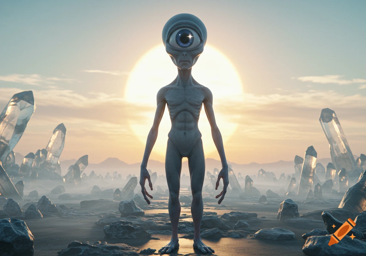 A cyclops alien with smooth grey skin stands in a desolate, rocky ...