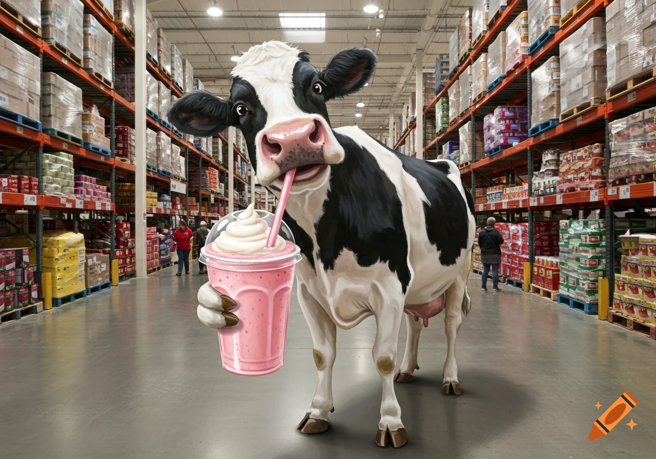 A black and white cow stands in a warehouse store aisle, holding a pink ...