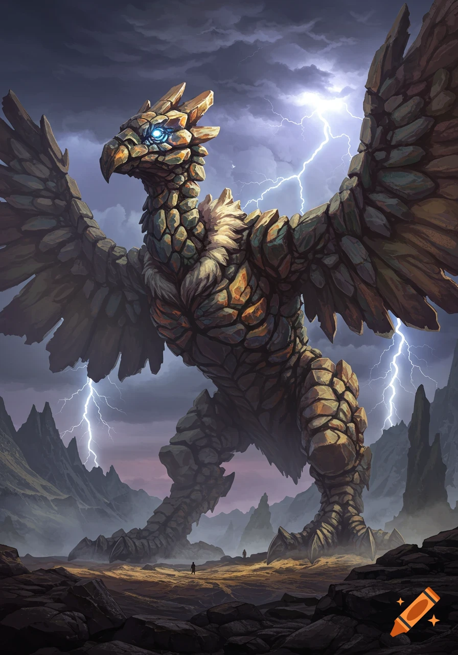 Colossal rock-winged monsters with glowing eyes face small human ...