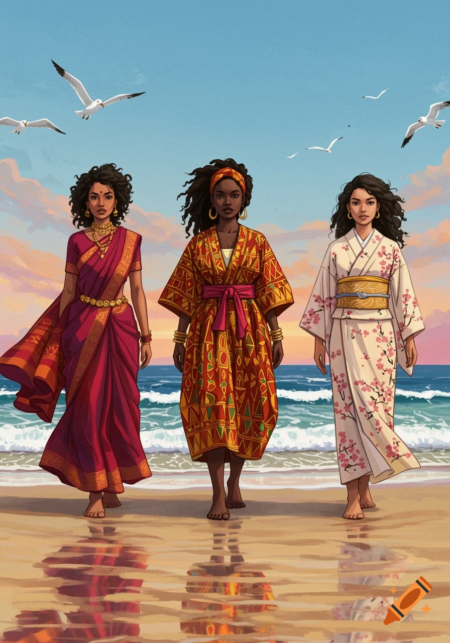 Three women in traditional Indian, African, and Japanese attire walk ...